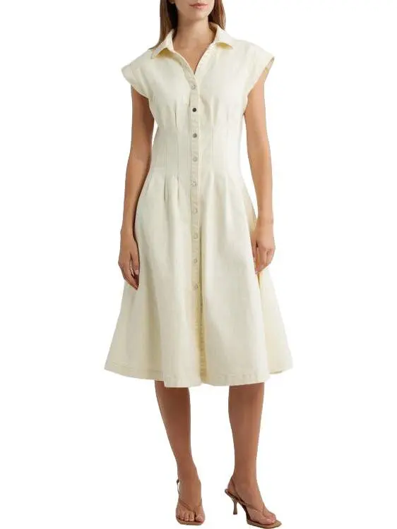 Torn By Ronny Kobo Edie Pleated Waist Denim Shirtdress - Ecru