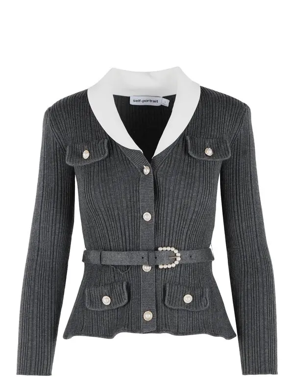 SELF-PORTRAIT Ribbed Cardigan With Belt And Buckle - Gray