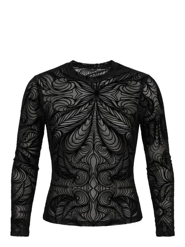 JANARA JONES Iris Flocked Stretch Mesh Long Sleeve Top - Black