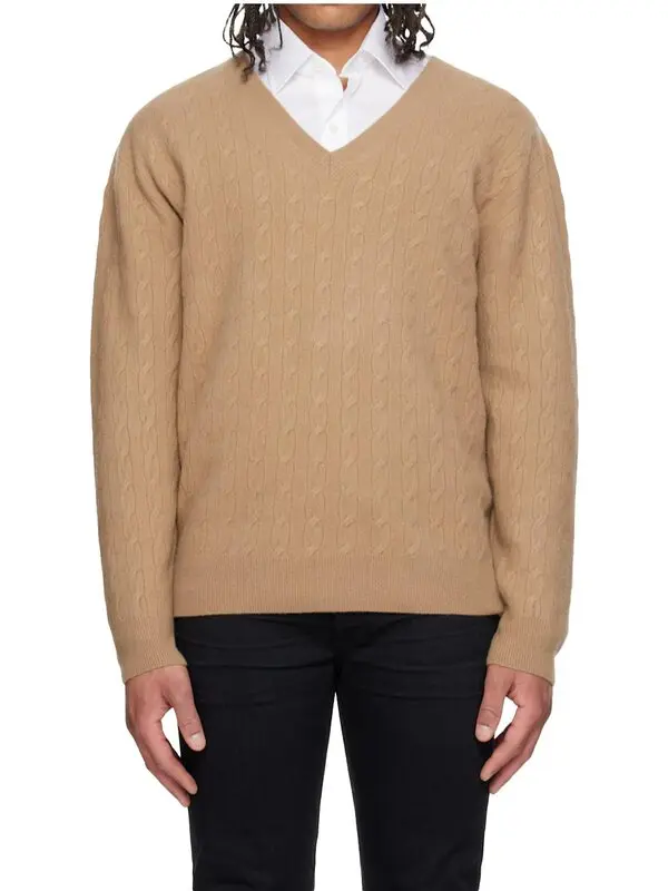 TOM FORD Cable Knit Wool Long-sleeved V-neck Sweater - Toffee