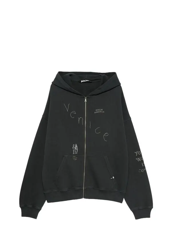 Palm Angels Jersey Zip-up Hoodie With Graphic Print And Swarovski Crystal Embellishment - Black
