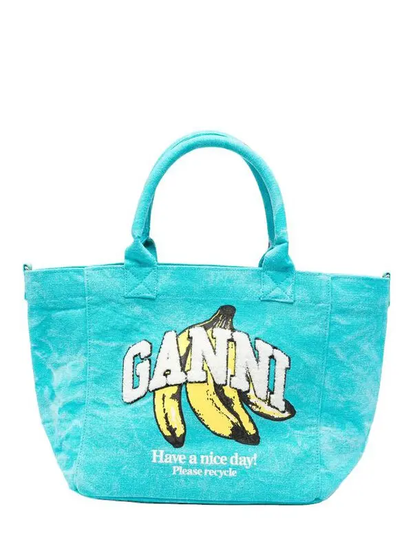 GANNI Logo Print Recycled Cotton Tote Bag - Blue