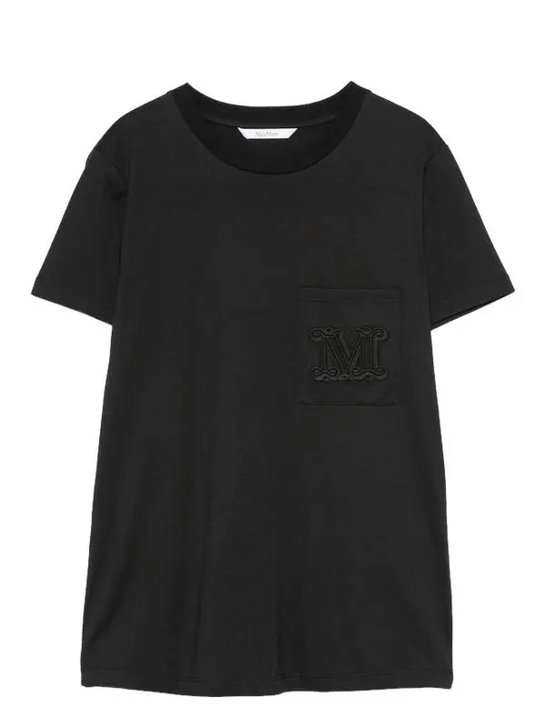 Max Mara Cotton Crewneck T-shirt With Logo Patch Pocket - Black