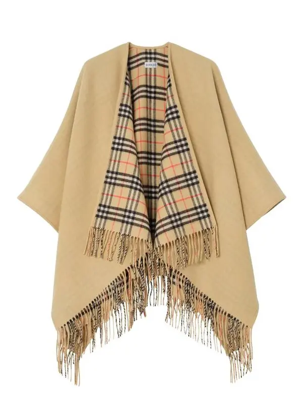 Burberry Reversible Check Pattern Cape With Fringed Edges - Cream