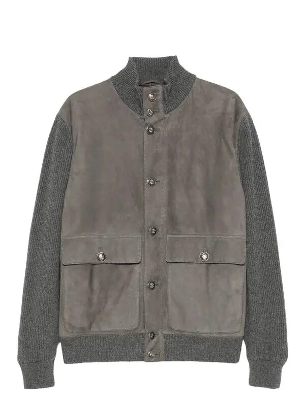 Brunello Cucinelli Suede And Knit High Neck Jacket - Gray