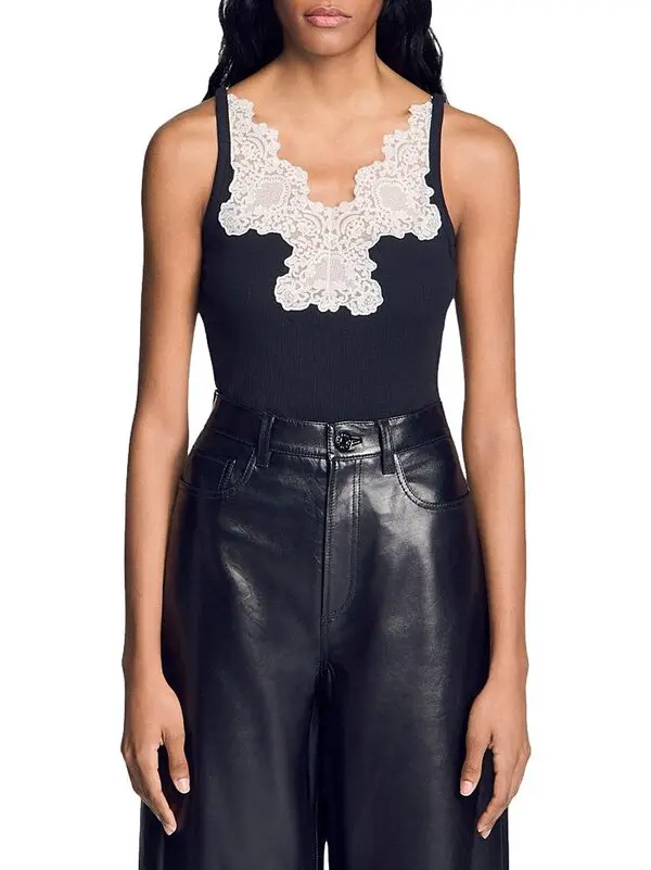Sandro Ribbed Lace Tank Top - Black
