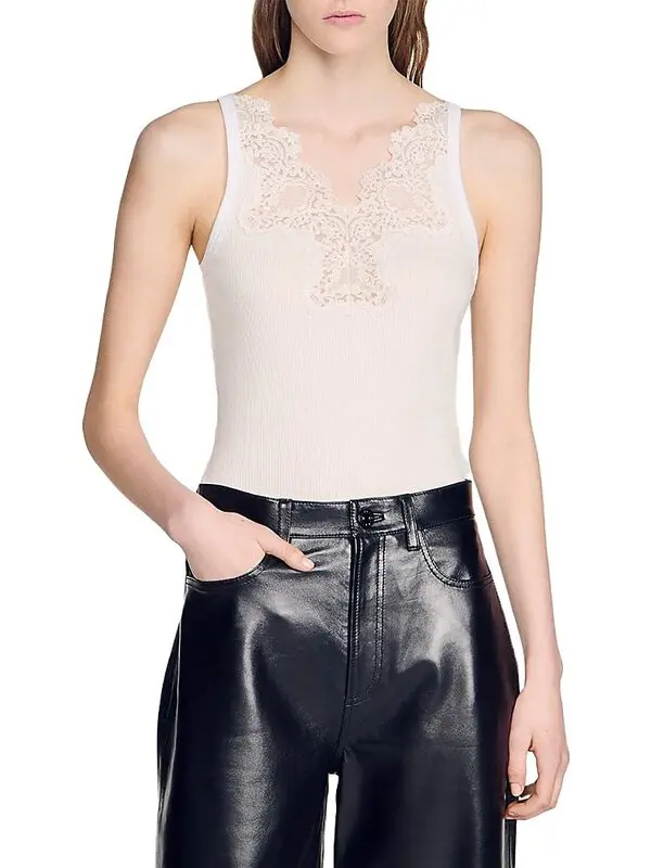 Sandro Ribbed Lace Tank Top - Ecru