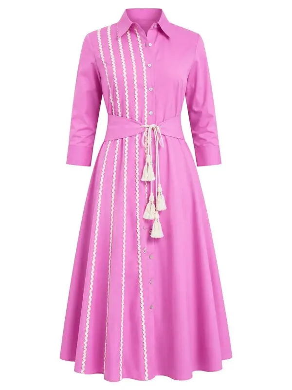 IZABELA MANDOIU Lilac Cotton Shirt Dress With Ric Rac Detailing And Tassel Tie Waist - Pink