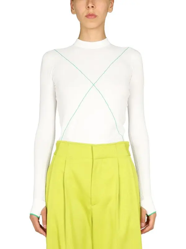 Bottega Veneta Long Sleeve Polo Neck Sweater With Contrast Stitching - White