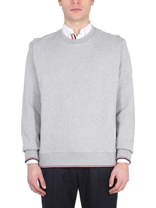 Thom Browne Jersey Crewneck With Herringbone Pattern And Ribbed Hem - Gray