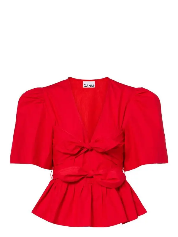 GANNI Bow Detail Cotton Poplin Blouse - Red
