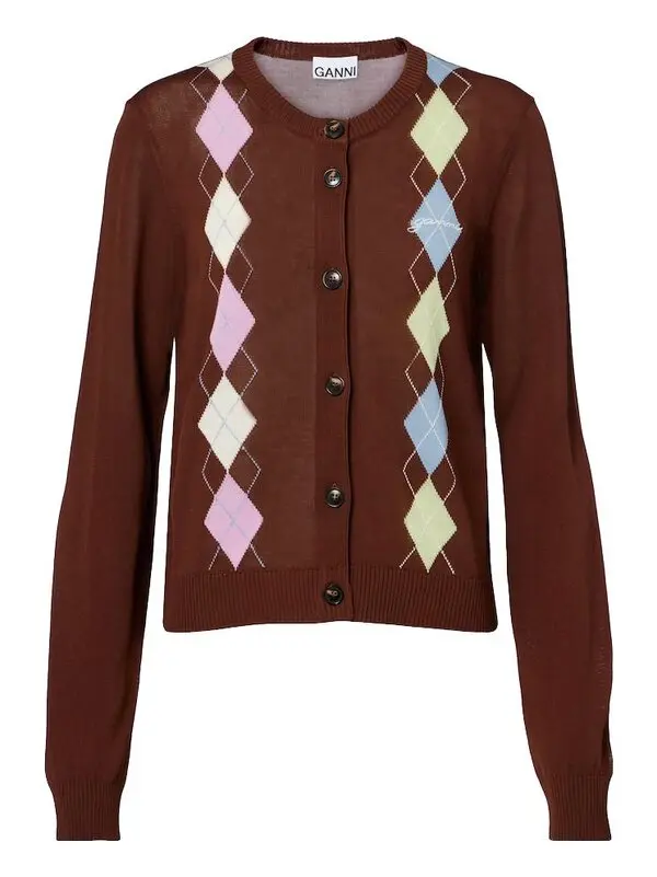 GANNI Argyle Cotton Cardigan - Brown