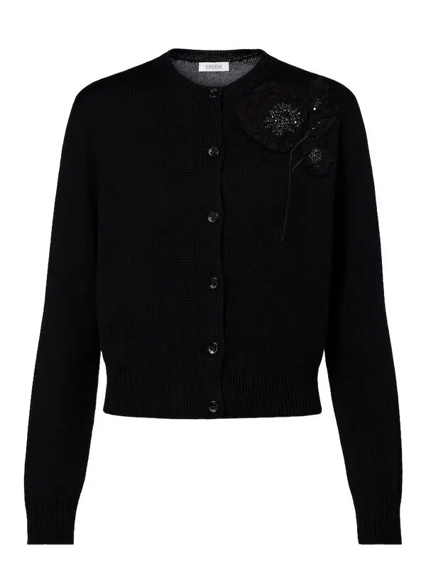 Erdem Beaded Wool Cardigan - Black