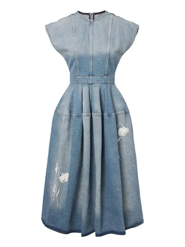 Erdem Floral Appliqué Denim Midi Skirt - Blue