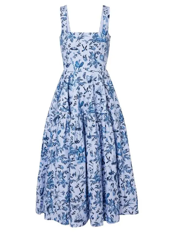 Erdem Printed Cotton Poplin Midi Dress - Blue