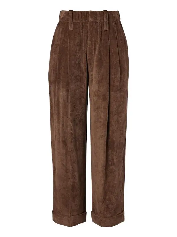 Brunello Cucinelli Pleated Velvet Straight Leg Trousers - Brown