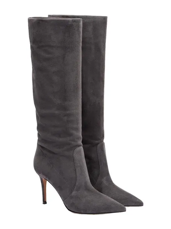 GIANVITO ROSSI Suede Knee-high Pointed Toe Boots - Grey