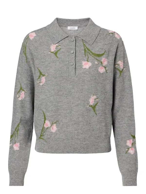 Erdem Floral Intarsia Wool Polo Sweater - Grey