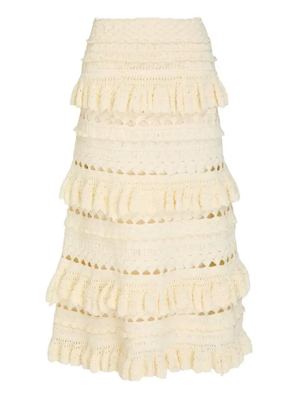 Zimmermann Crocheted Cotton Ruffled Midi Skirt - Cream