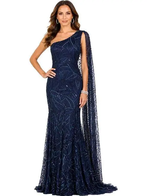 LARA NEW YORK Beaded One-shoulder Cape Gown - Navy