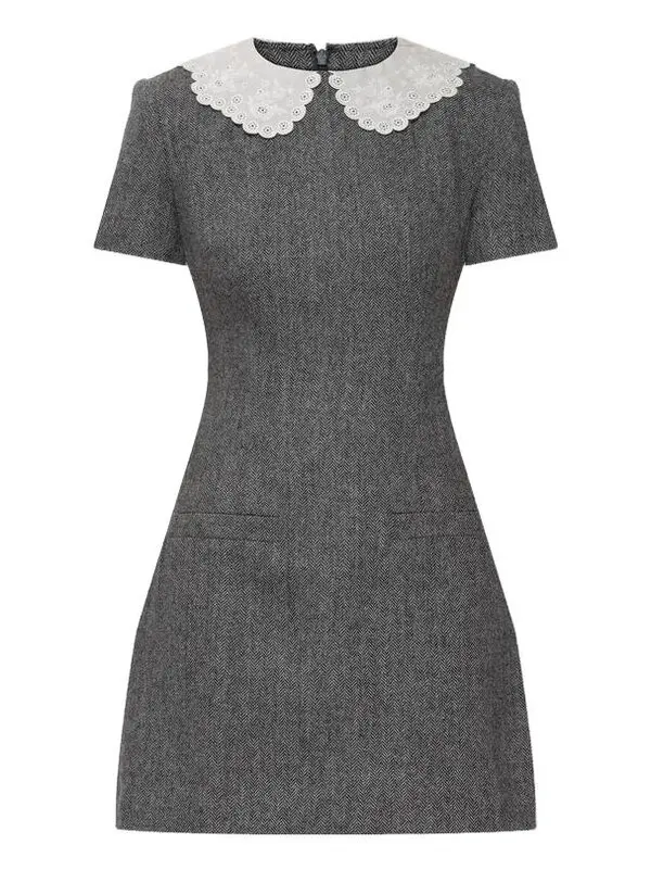 SELF-PORTRAIT Grey Herringbone Knit Dress With Lace Collar - Gray