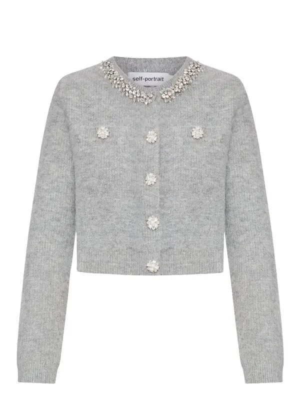 SELF-PORTRAIT Grey Cardigan With Crystal Embellishments - Gray