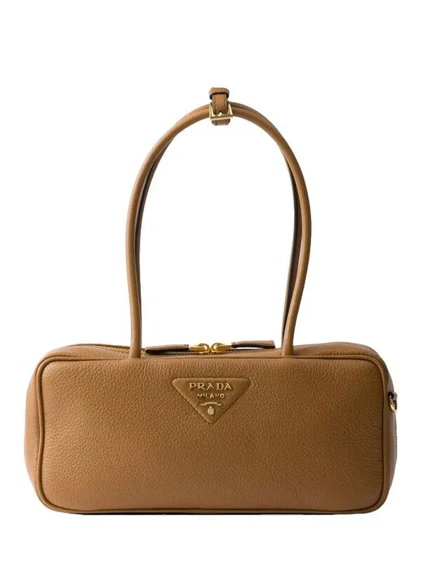 Prada Leather Enamel Triangle Logo Tote Bag - Brown