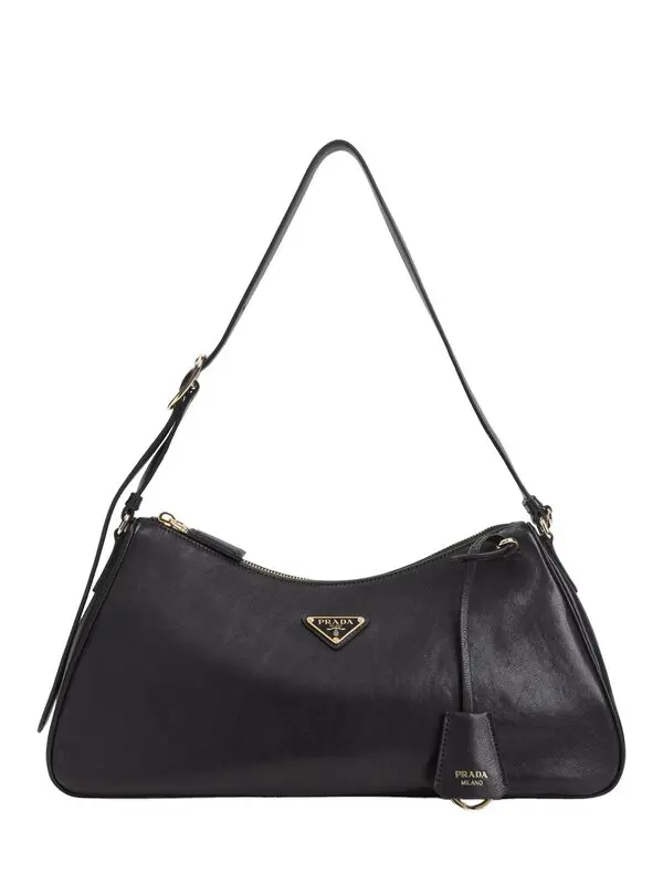 Prada Leather Shoulder Bag With Enamel Triangle Logo - Black