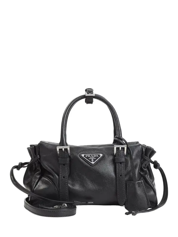 Prada Calf Leather Top Handle Bag With Drawstring And Buckle Accents - Black
