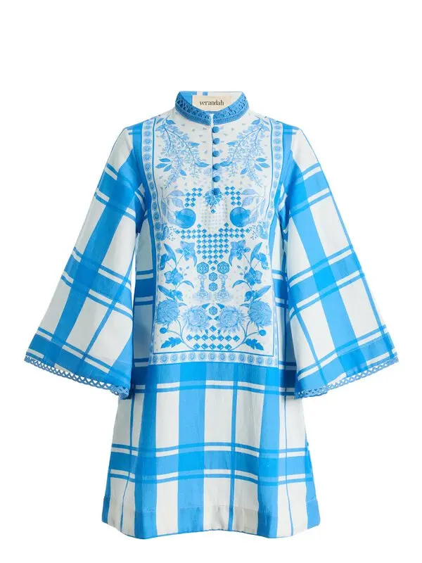 Verandah Cotton-blend Mini Kaftan Dress With Checked Print And Ruffled Hem - Blue