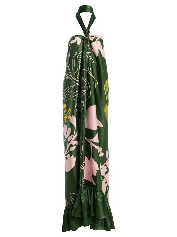 Verandah Halter Neck Floral Print Satin Maxi Dress - Green