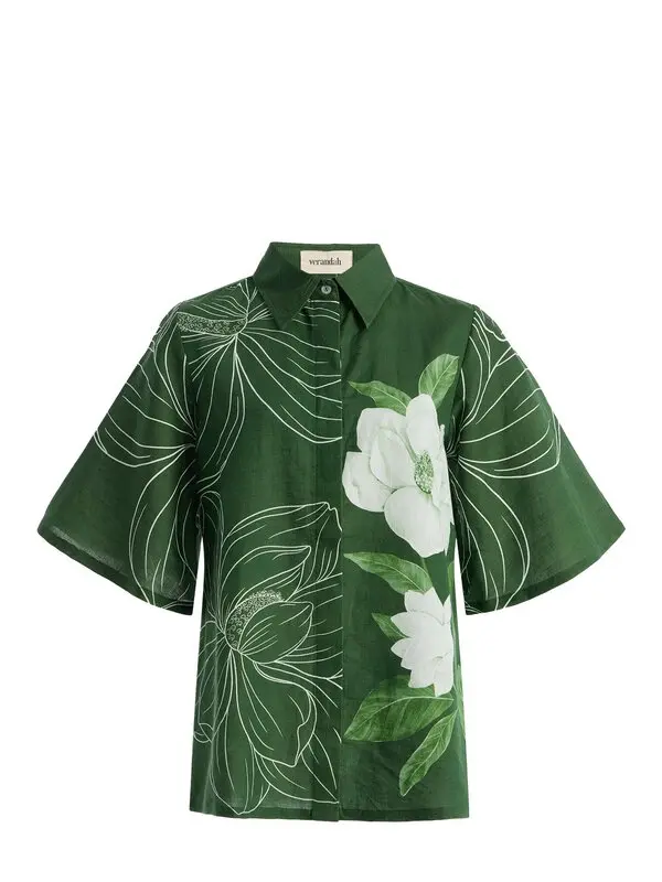 Verandah Bell-sleeve Floral Linen-cotton Shirt - Green