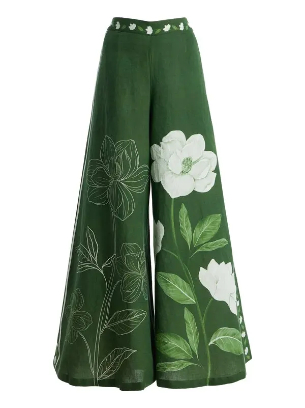 Verandah Magnolia Print Linen-cotton Wide-leg Pants - Green