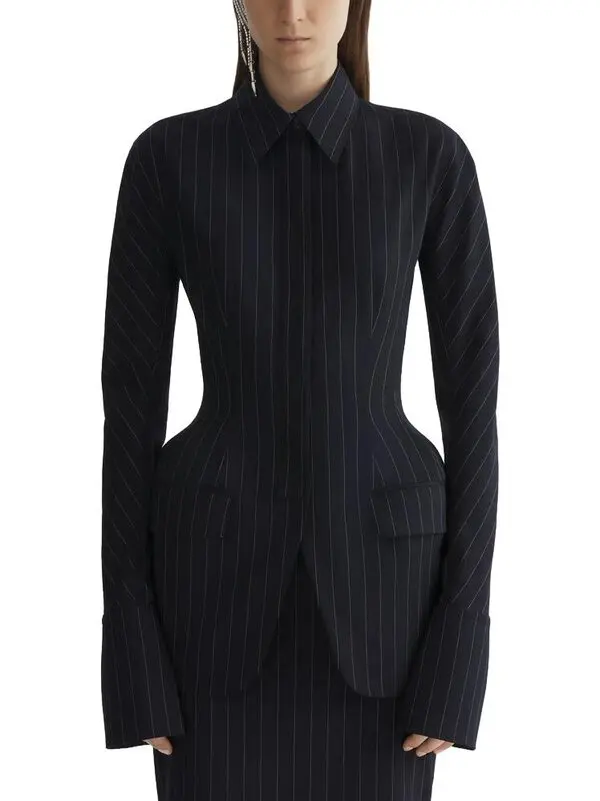 MUGLER Navy Pinstripe Fitted Jacket - Black
