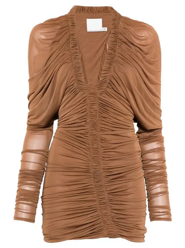 Christopher Esber Ruched V-neck Long Sleeve Mini Dress - Brown