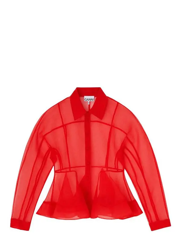 GANNI Sheer Peplum Shirt - Red