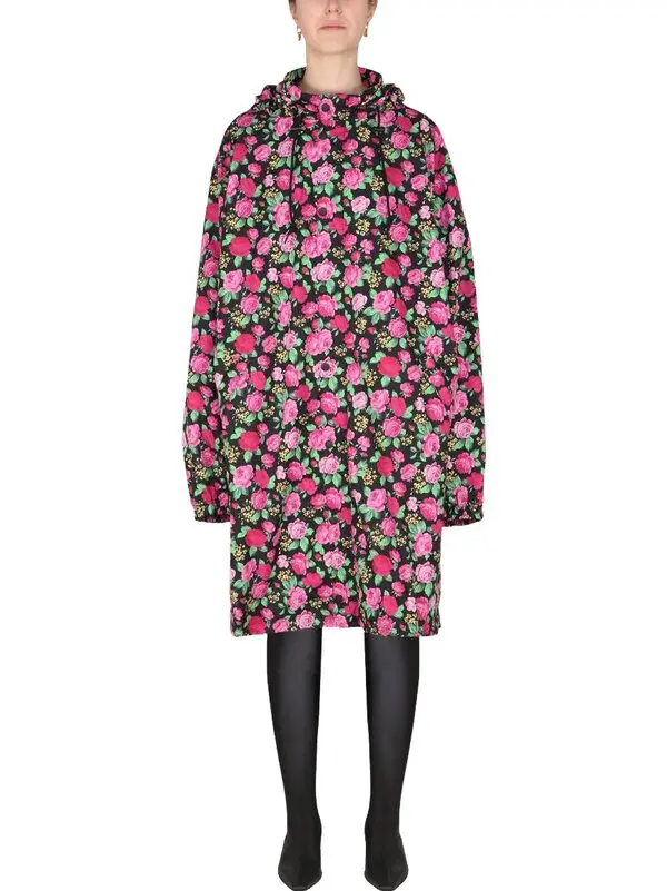 Balenciaga Floral Print Hooded Coat - Pink
