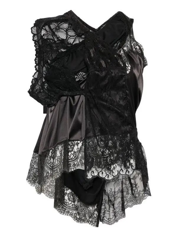 Junya Watanabe Lace V-neck Short Sleeve Blouse - Black