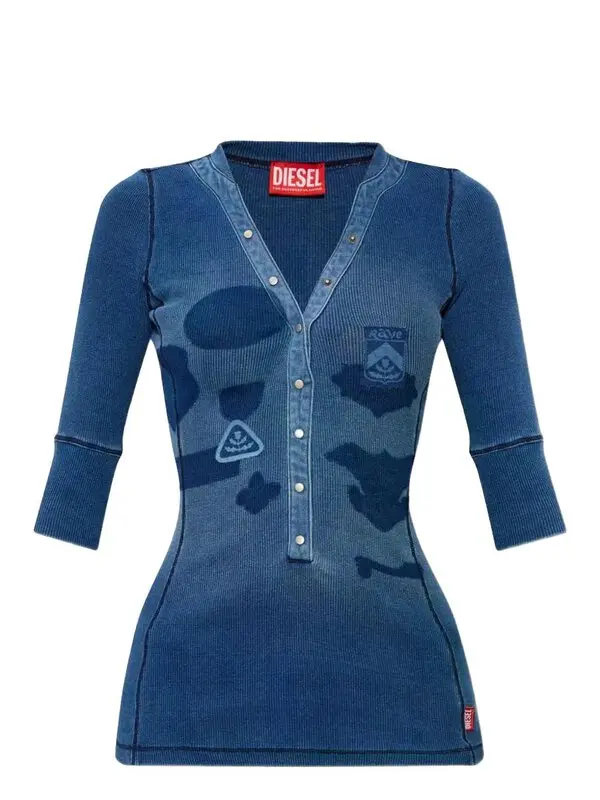 DIESEL® Ribbed Henley Blouse With Logo Patch - Blue