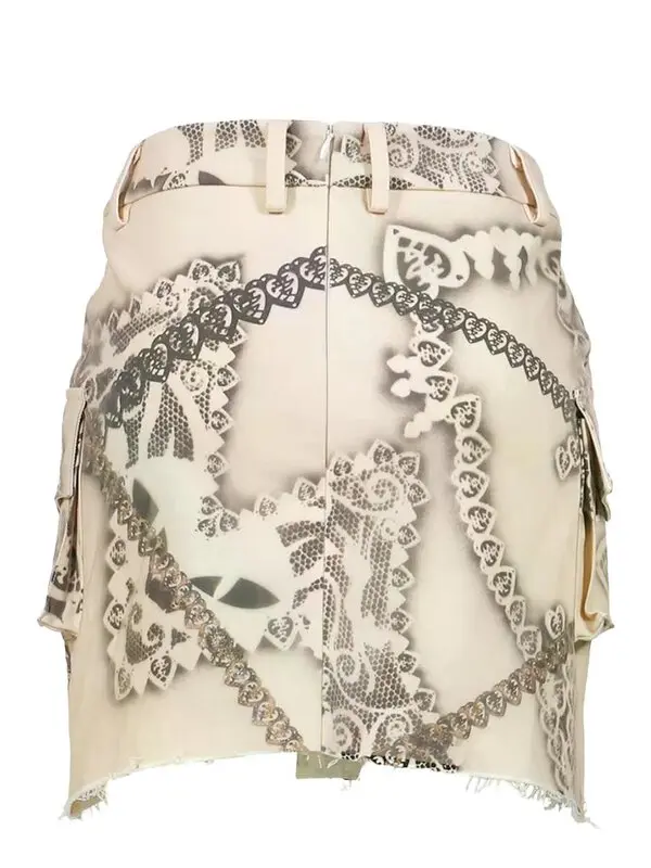 YUEQI QI Feline Lace-print Frayed Mini Skirt - Neutrals