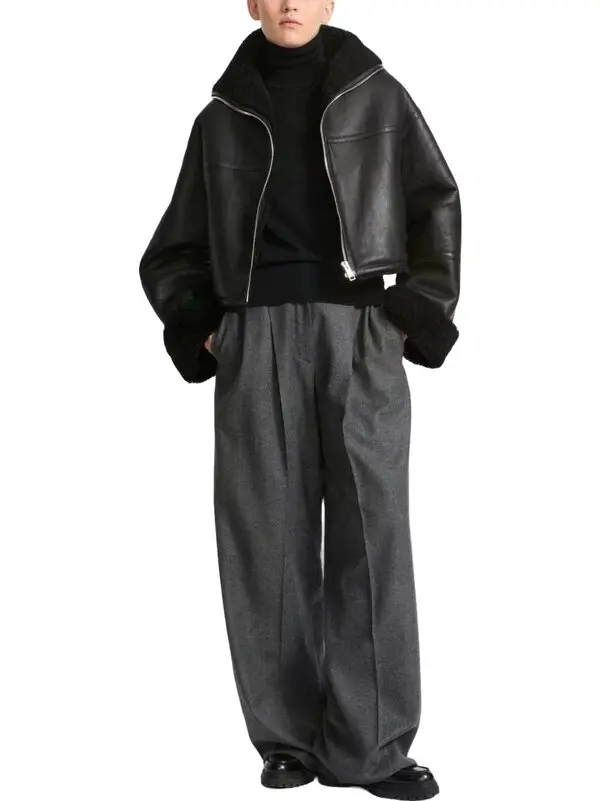 YVES SALOMON Shearling Trim Cropped Jacket - Black