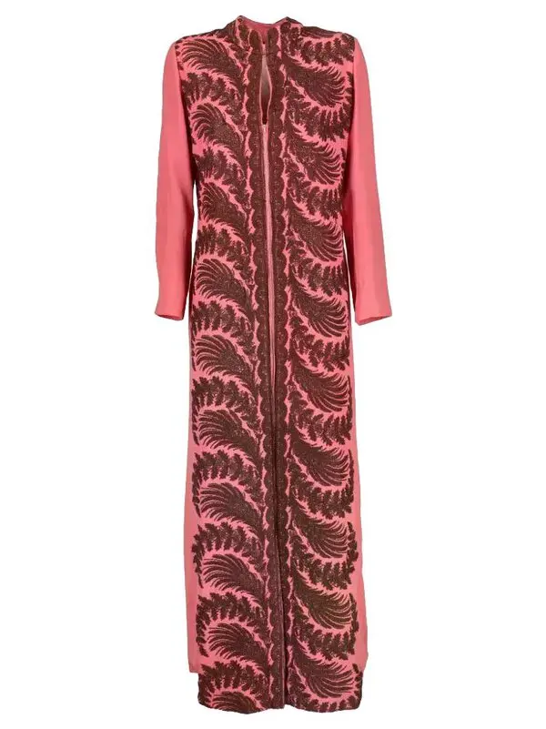 Vintage Embroidered Zip-up Maxi Dress - Pink