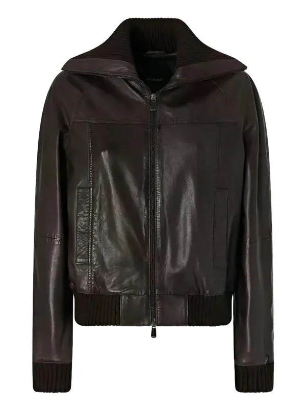 Pinko Ribbed-trim Leather Bomber Jacket - Black