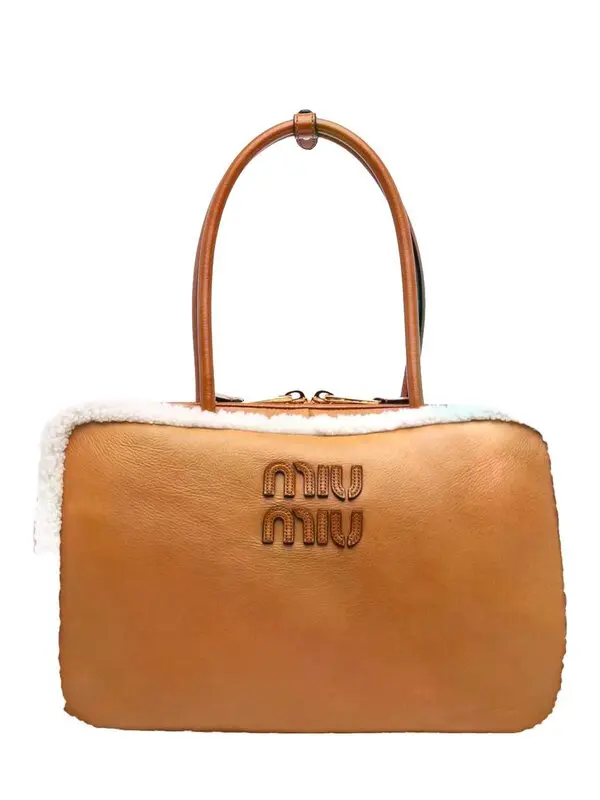 Miu Miu Shearling Trimmed Calfskin Logo Shoulder Bag - Brown