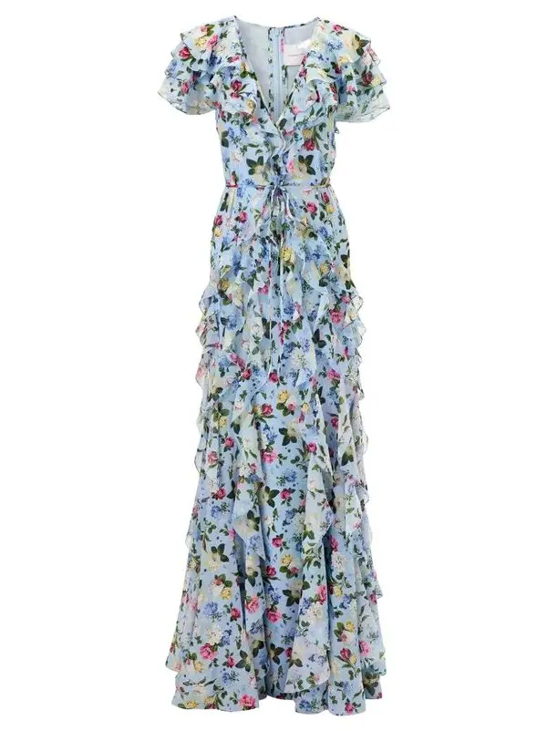 Carolina Herrera Floral Print Ruffled Maxi Dress - Blue