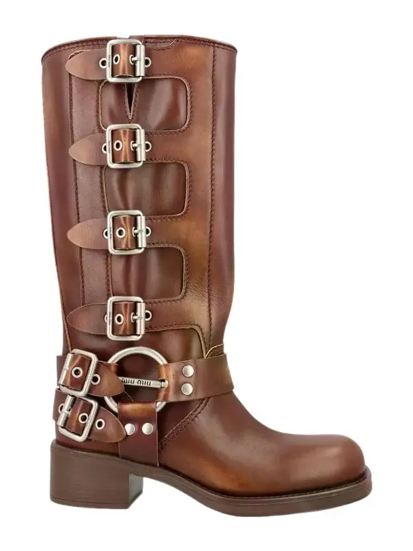 Miu Miu Leather Buckle Detail Boots - Brown