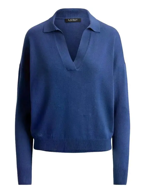 Ralph Lauren Ribbed Johnny Collar V-neck Sweater - Blue