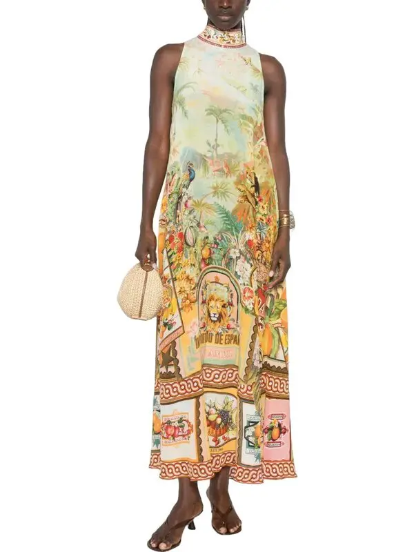 Camilla Graphic Print Tie-back Midi Dress - Yellow