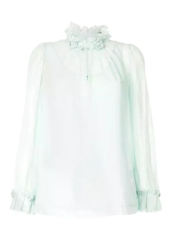 Shiatzy Chen Mulberry Silk Frilled High Neck Blouse - Blue