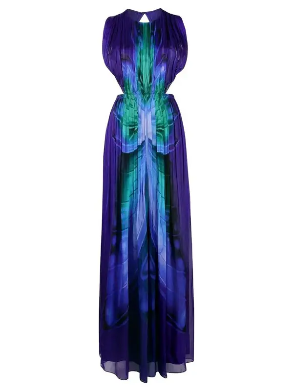 Alberta Ferretti Butterfly Print Pleated Gown - Blue